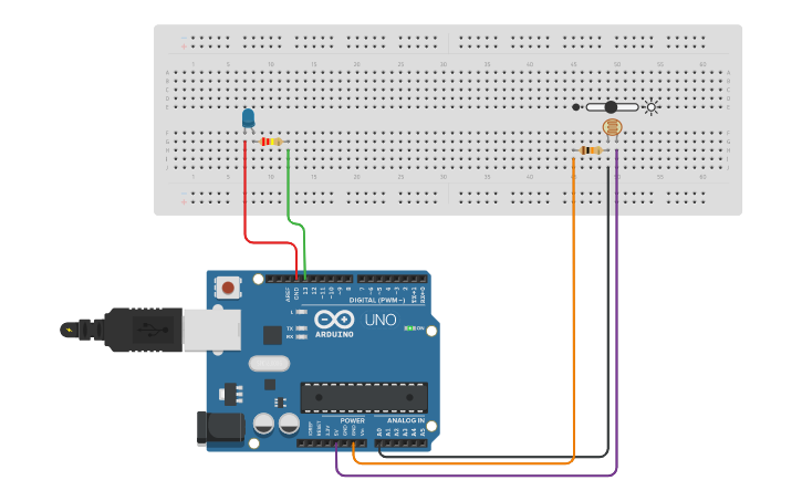 Circuit design Light an LED using LDR. - Tinkercad