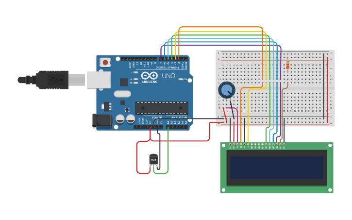 Circuit design PERCOBAAN 2 Sensor Suhu Tampil data Pada LCD - Tinkercad Circuit design PERCOBAAN 2 Sensor Suhu Tampil data Pada LCD - Tinkercad