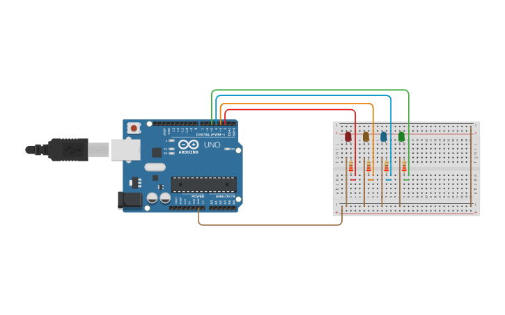 Circuit design 4 Leds - Tinkercad