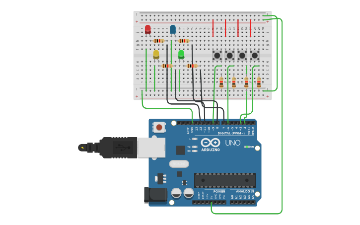 Circuit design Arduino UNO - 4 LEDs 4 Buttons - E0421048 - Tinkercad