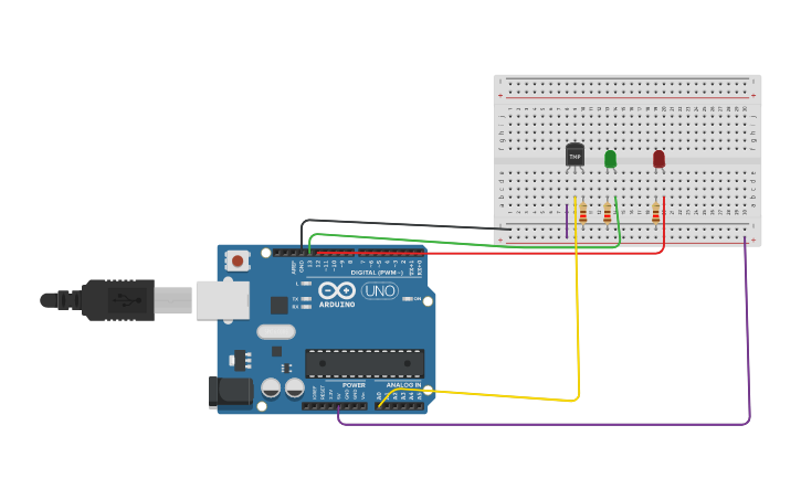 Circuit design Sensor de temperatura con dos leds | Tinkercad Circuit design Sensor de temperatura con dos leds | Tinkercad