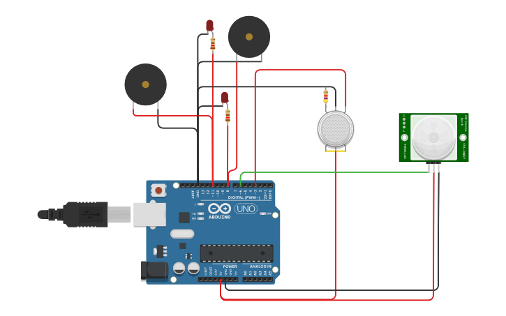 Circuit Design Alarm Kebakaran Dengan Sensor Gerak Tinkercad