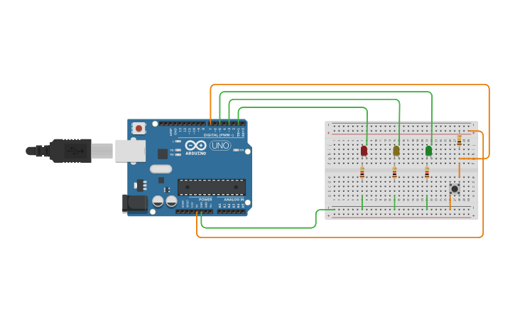 Circuit design Tp. 3 - Semáforo con pulsador programado con arduino (pullup) - Tinkercad