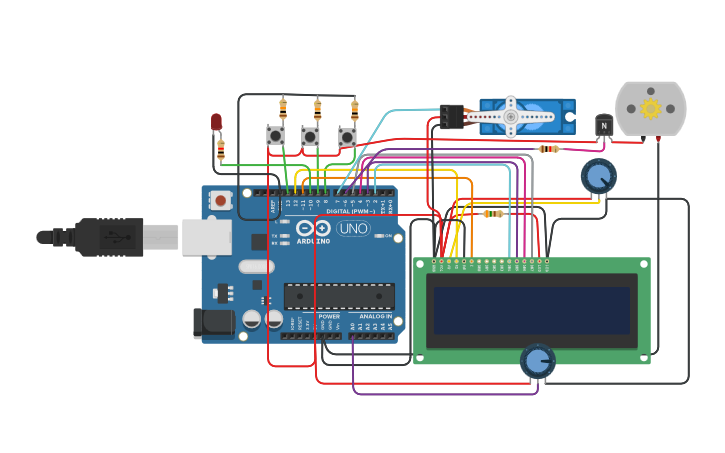 Circuit design LCD menu for DC, Servo and LED - Tinkercad
