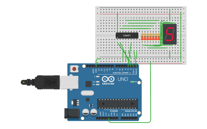 Circuit design Contador ascendente-Display y cd4511-arduino | Tinkercad