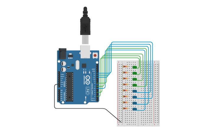 Circuit design Practica 11: Encender 8 LEDS en serie - Tinkercad