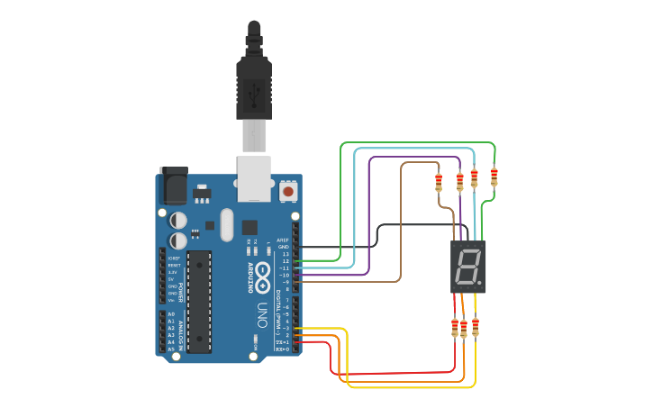 Circuit design LED 7 segmentos 0 al 9 - Tinkercad