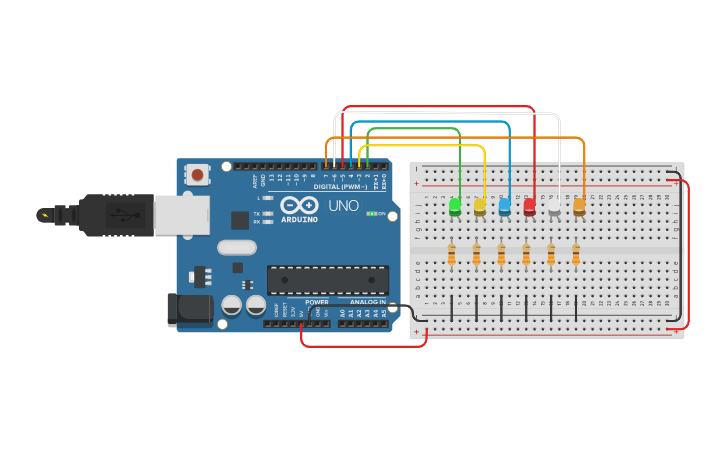 Circuit design 6 led blink using while loop | Tinkercad