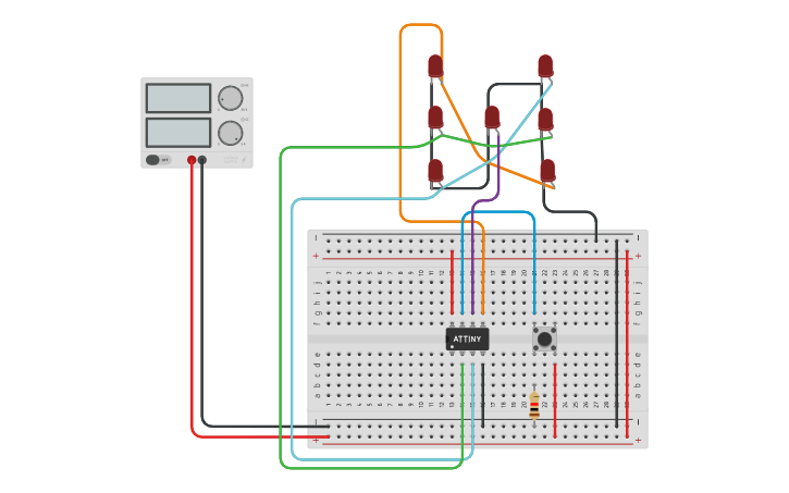 Circuit design LED Dice using Attiny 85 controller - Tinkercad