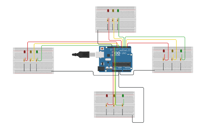 Circuit design CrossRoad traffic Lights - Tinkercad