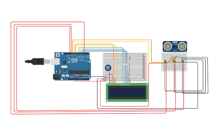 Circuit design Sensor Ultrasonik With LED and LCD | Tinkercad