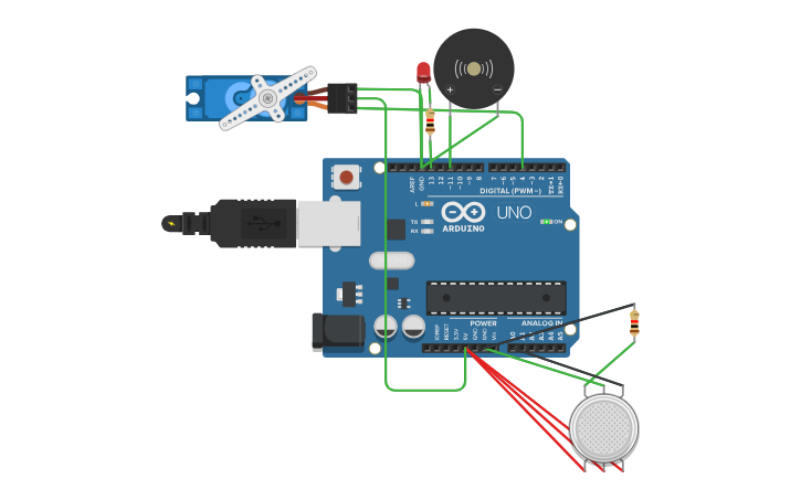 Circuit design Gas sensor to detect smoke - Tinkercad