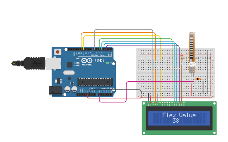 Circuit design Flex Sensor with 16x2 LCD display - Tinkercad