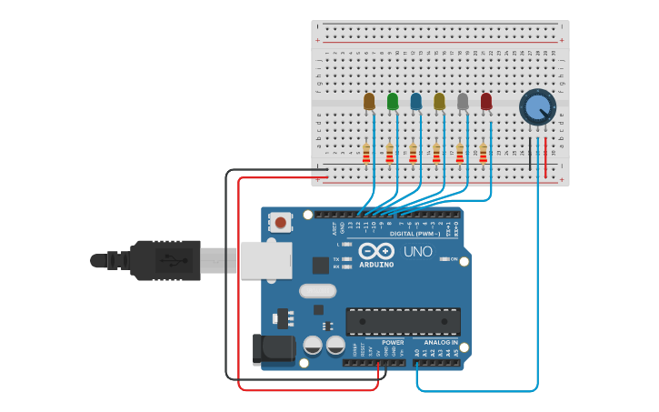 Circuit design Volt-Meter 2020 (potenziometro) | Tinkercad