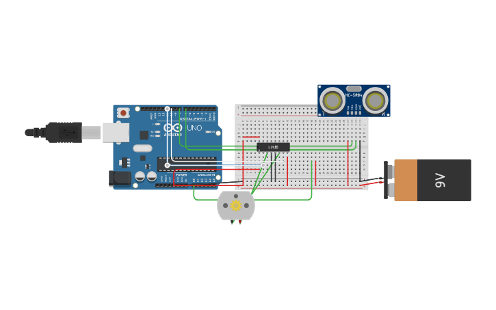 Circuit Design Dc Motor With Ultrasonic Sensor Tinkercad 