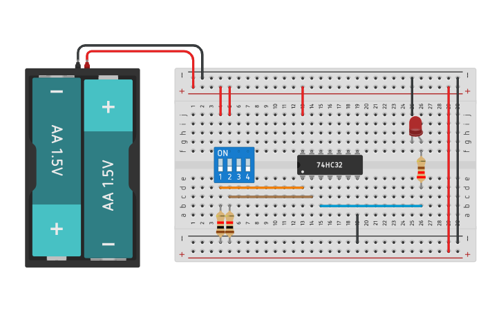 Circuit design 23. Comprobación de compuerta OR (74LS32) - Tinkercad