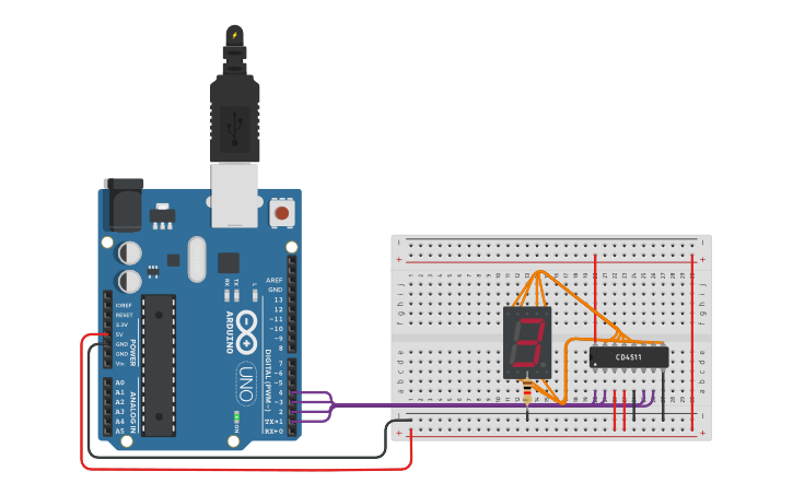 Circuit design 7 segment counter - Tinkercad