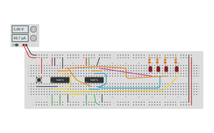 Circuit design Compteur asynchrone bascule D 74HC74 (modulo 16) - Tinkercad