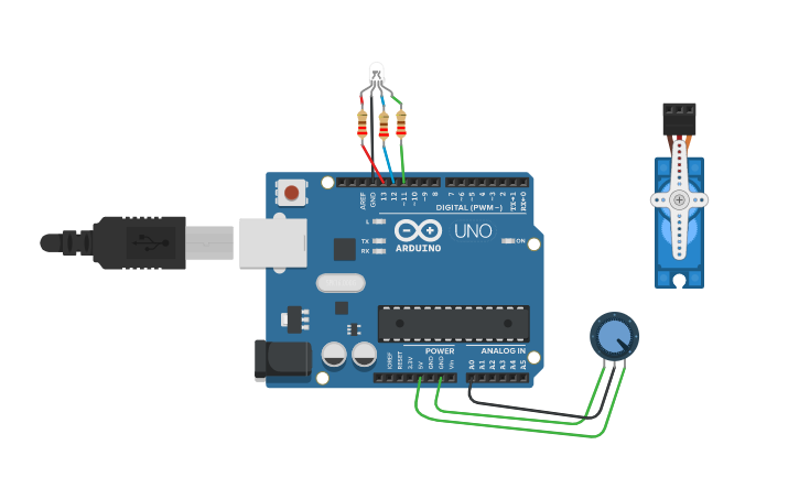 Circuit design RGB LED + Potentiometer - Tinkercad