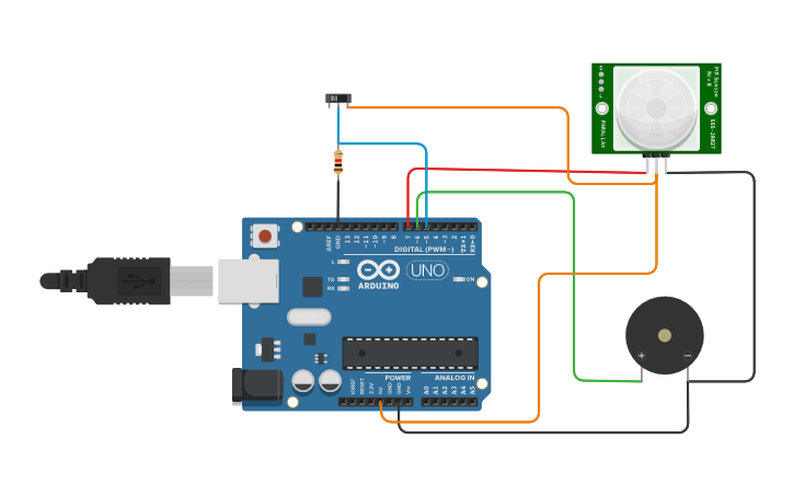 Circuit design Rangkaian sistem alarm menggunakan sensor PIR - Tinkercad