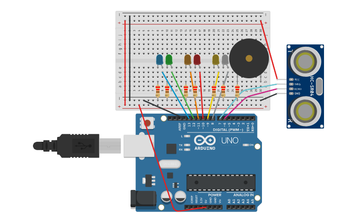 Circuit design Sensor de Distancia | Tinkercad