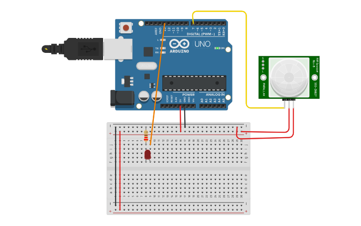 Circuit design practica 3 sensor de movimiento | Tinkercad
