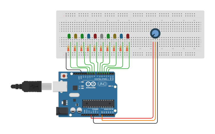 Circuit design Bar graph con potenciómetro | Tinkercad