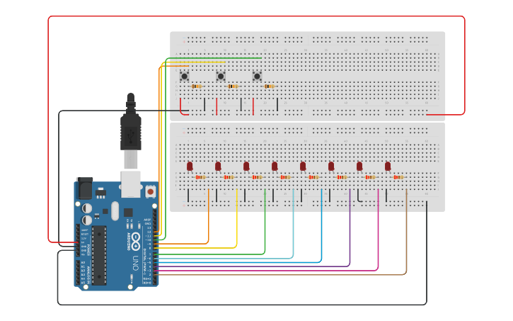 Circuit design 3 botones 8 leds | Tinkercad