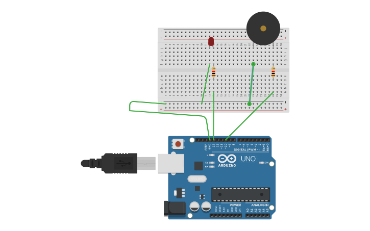 Circuit design Arduino breadboard led buzzer - Tinkercad