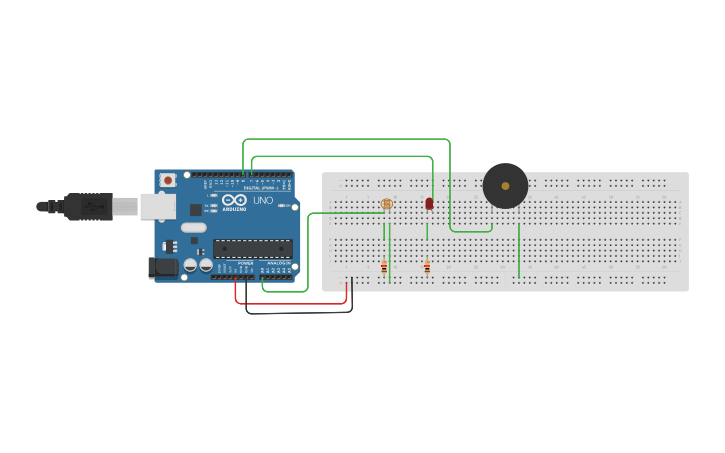 Circuit design Encendido de LED y BUZZER con photoresistor LDR - Tinkercad