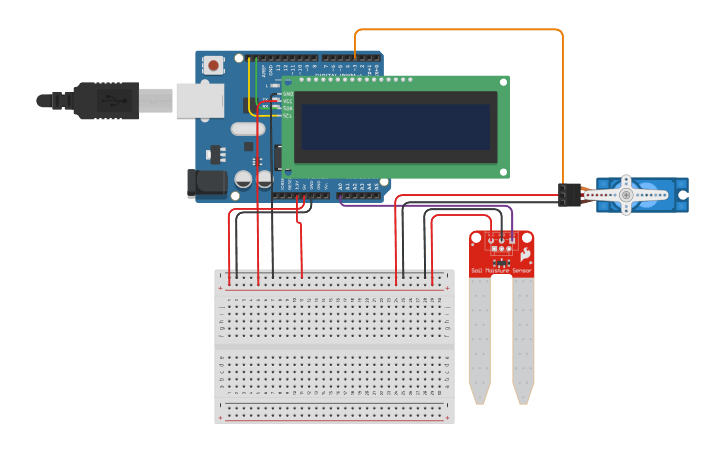 Circuit design SOIL MOISTURE SENSOR WITH LCD AND SERVO MOTOR - Tinkercad