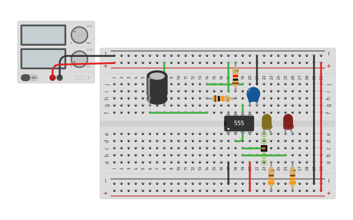 Circuit design Timer 555 Astable a 2 Leds - Tinkercad
