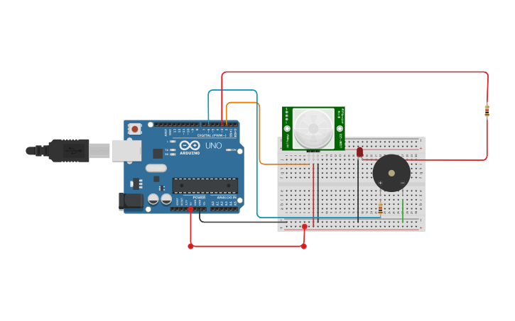 Circuit design PIR Sensor with Buzzer and LED - Tinkercad