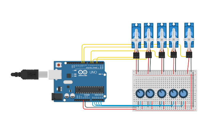 Circuit design Five Servos - Tinkercad