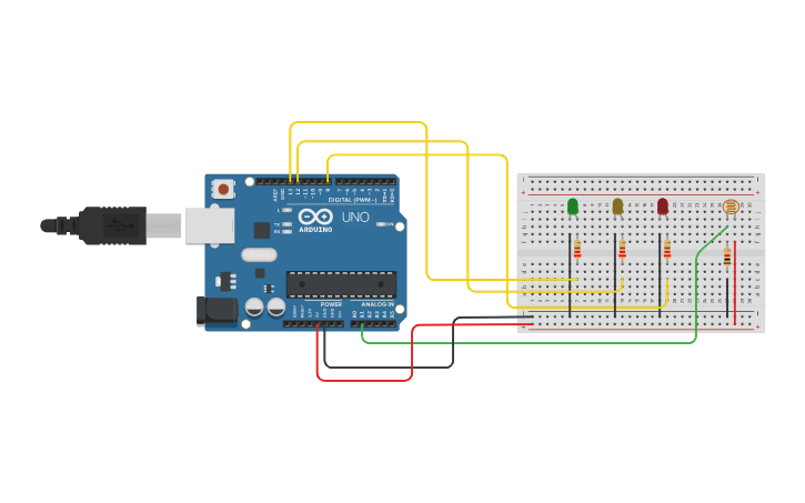 Circuit design Sensor Cahaya + 3 LED - Tinkercad