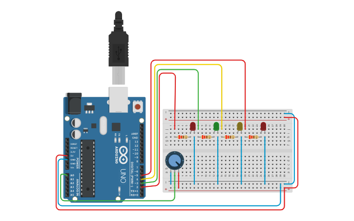 Circuit design Encender led en secuencia con potenciometro - Tinkercad Circuit design Encender led en secuencia con potenciometro - Tinkercad
