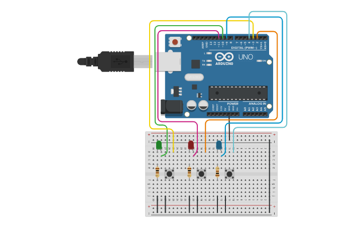 Circuit design 3 LEDS Dimmer 9 stages - Tinkercad