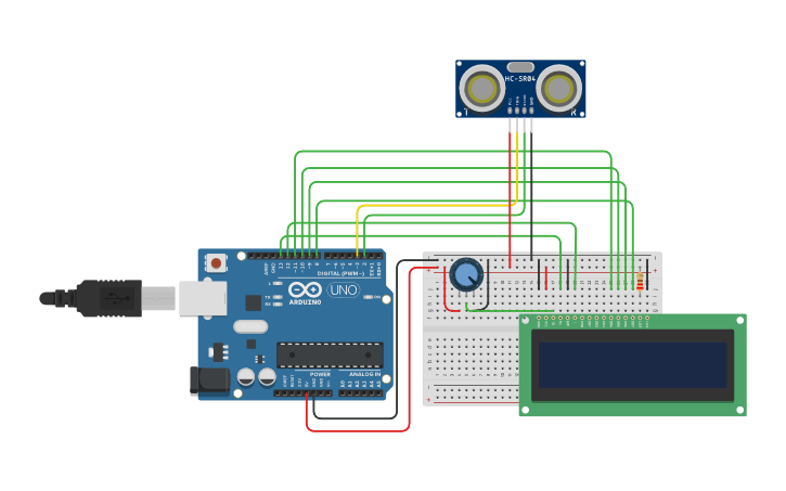 Circuit design Tugas 8 - Sensor Ultrasonic & LCD - Tinkercad