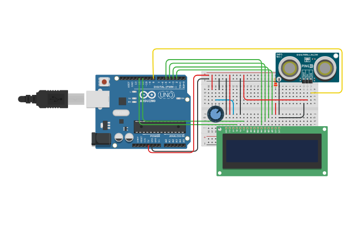 Circuit design Arduino with Ultrasonic & LCD - Tinkercad