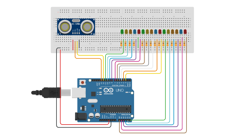 Circuit design Desafío semáforo de distancia a 16 leds | Tinkercad Circuit design Desafío semáforo de distancia a 16 leds | Tinkercad