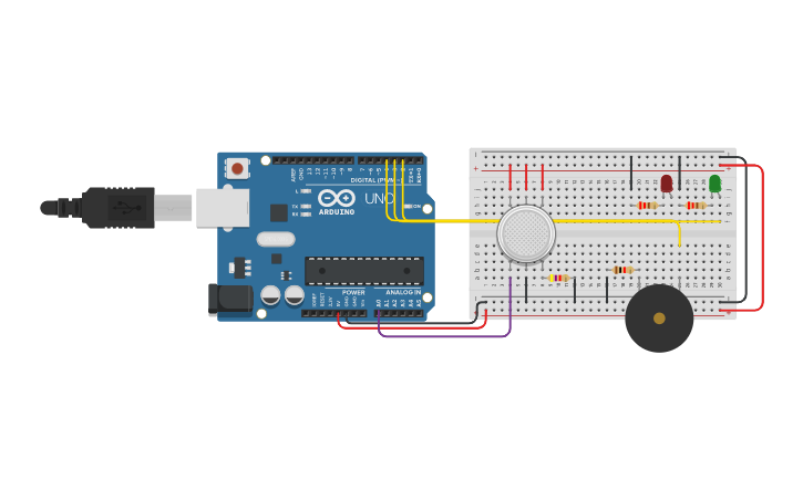 Circuit design Gas sensor with buzzer and led - Tinkercad