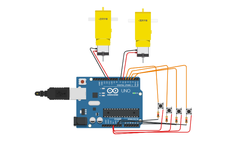 Circuit design 2 HOBBY motor and 4 push button - Tinkercad