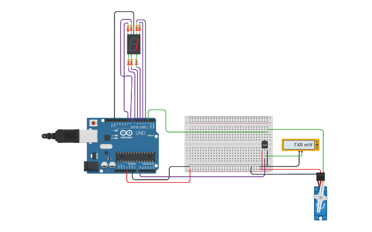 Circuit Design Sensor De Temperatura Sete Segmentos E Micro Servo Tinkercad