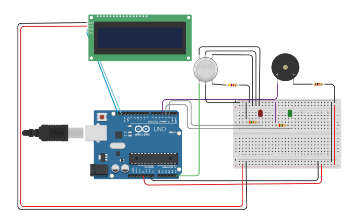 Circuit design gas sensor i2c lcd led and buzzer | Tinkercad
