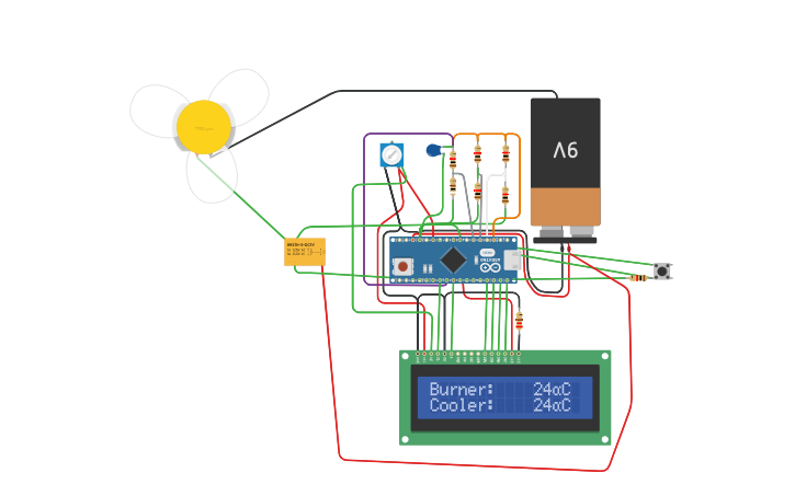 Circuit design Two sensors kty81-110 and LCD 2x16 NANO v2.2 | Tinkercad