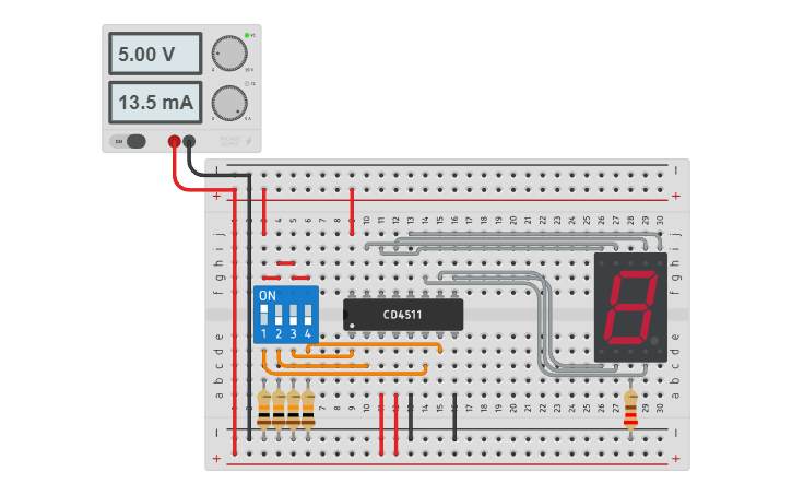 Circuit design 7 segmentos led con CD451 (cátodo común) - Tinkercad