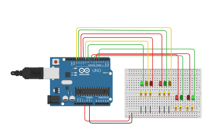 Circuit design 2-way traffic light pedestrian - Tinkercad