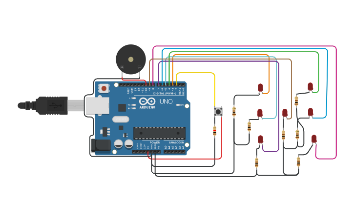 Circuit design Dado con leds y zumbador - Tinkercad