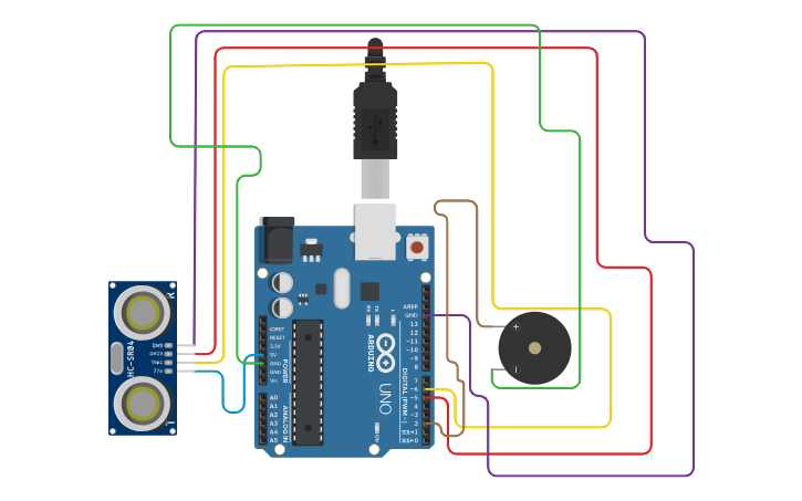 Circuit design Ultrasonic Sensor with buzzer system - Tinkercad