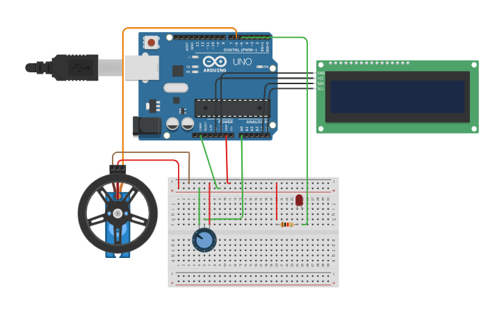 Circuit design 温度感應器控制Servo+LCD顯示 - Tinkercad